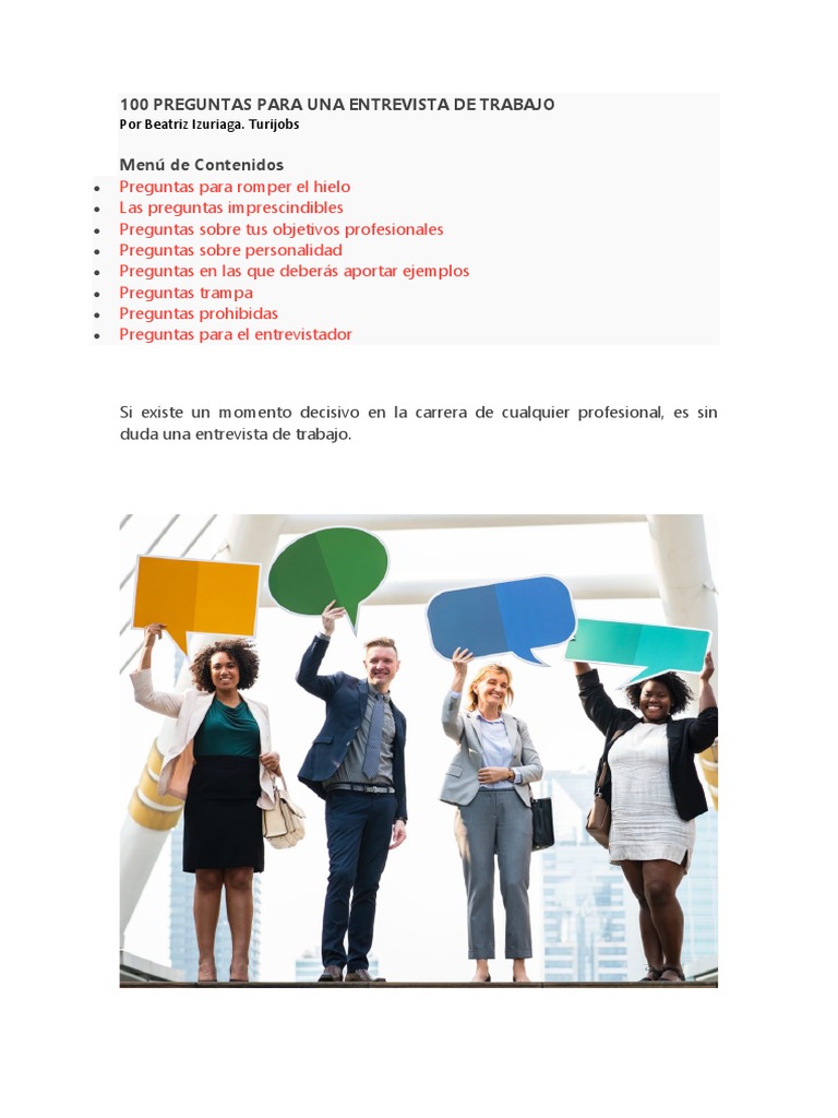 100 Preguntas para Una Entrevista de Trabajo | PDF | Entrevista de ...