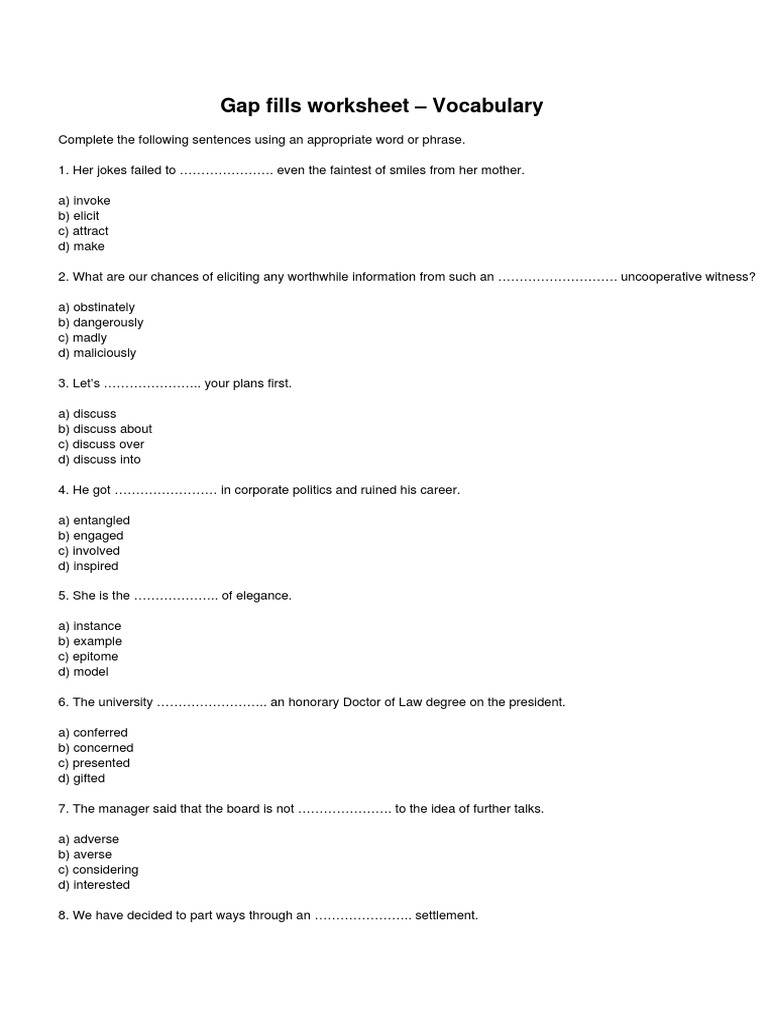Vocabulary Gap Fills Worksheet | PDF | Career & Growth | Language Arts ...