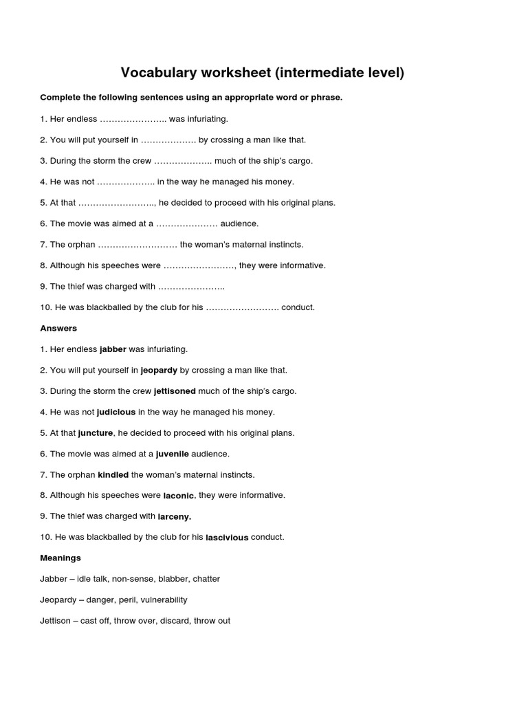 Vocabulary Worksheet Intermediate Level | PDF | Young Adult