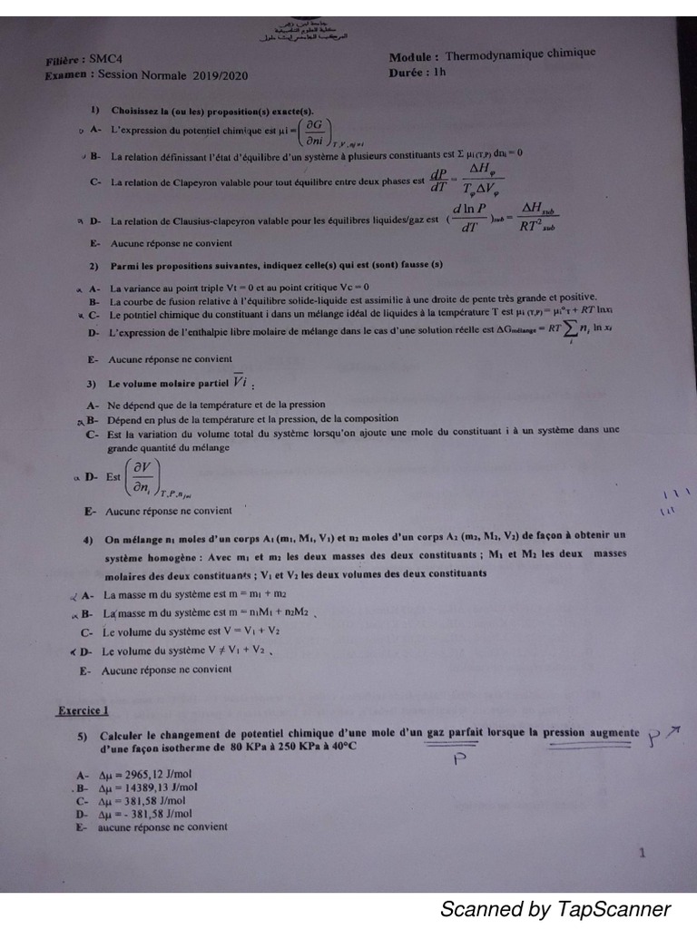 Examen Thermodynamique Chimie Smc4 | PDF