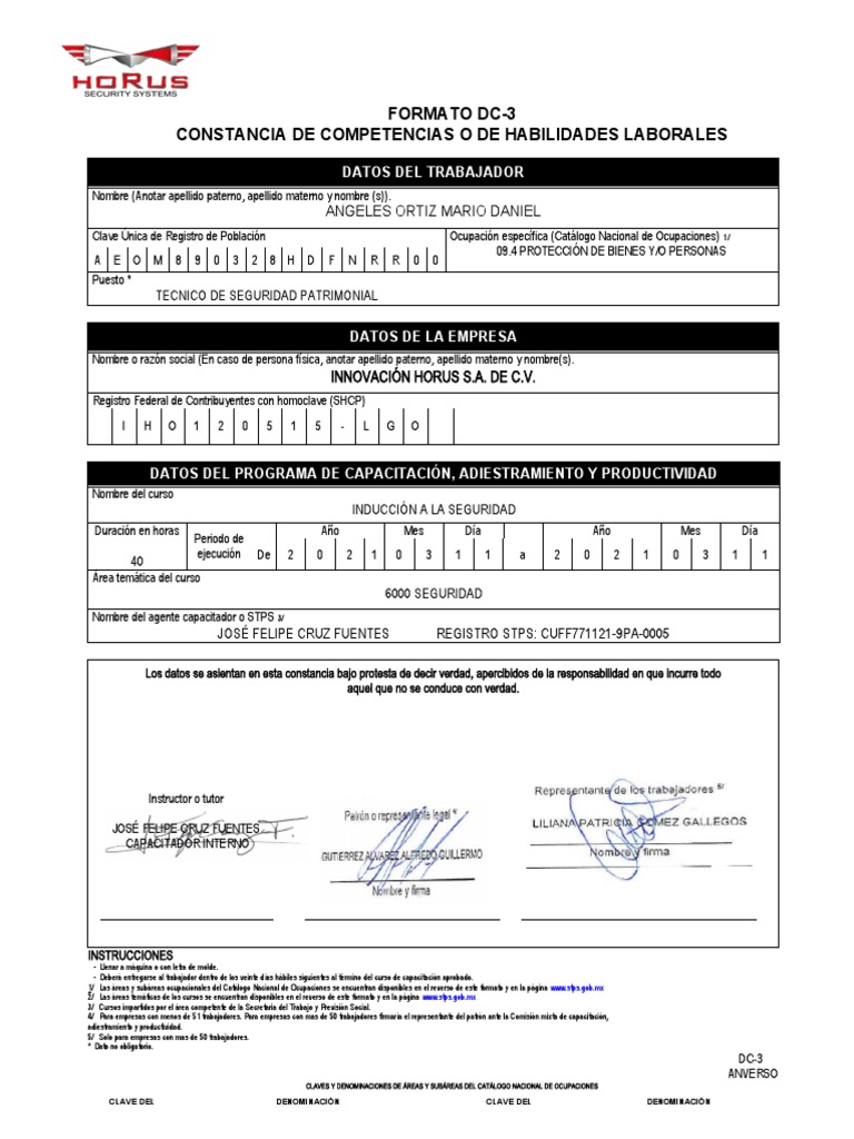 HORUS DC-3 Constancia de Competencias o Habilidades Laborales | PDF