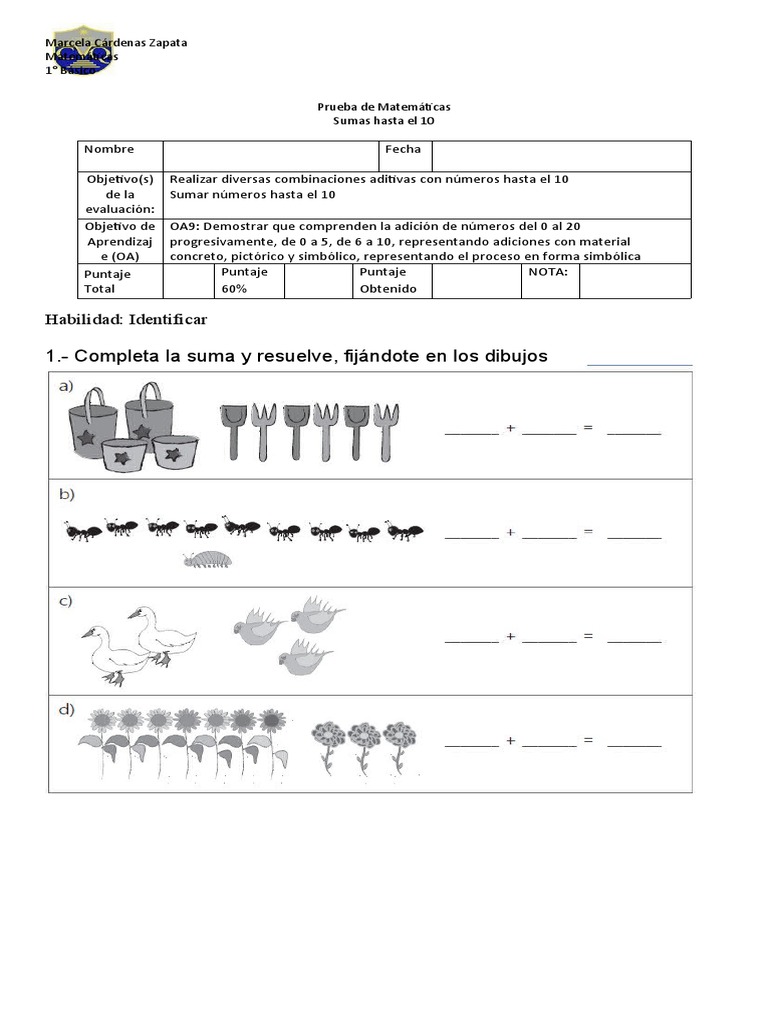 Prueba Matemáticas Sumas Hasta El 10 | PDF