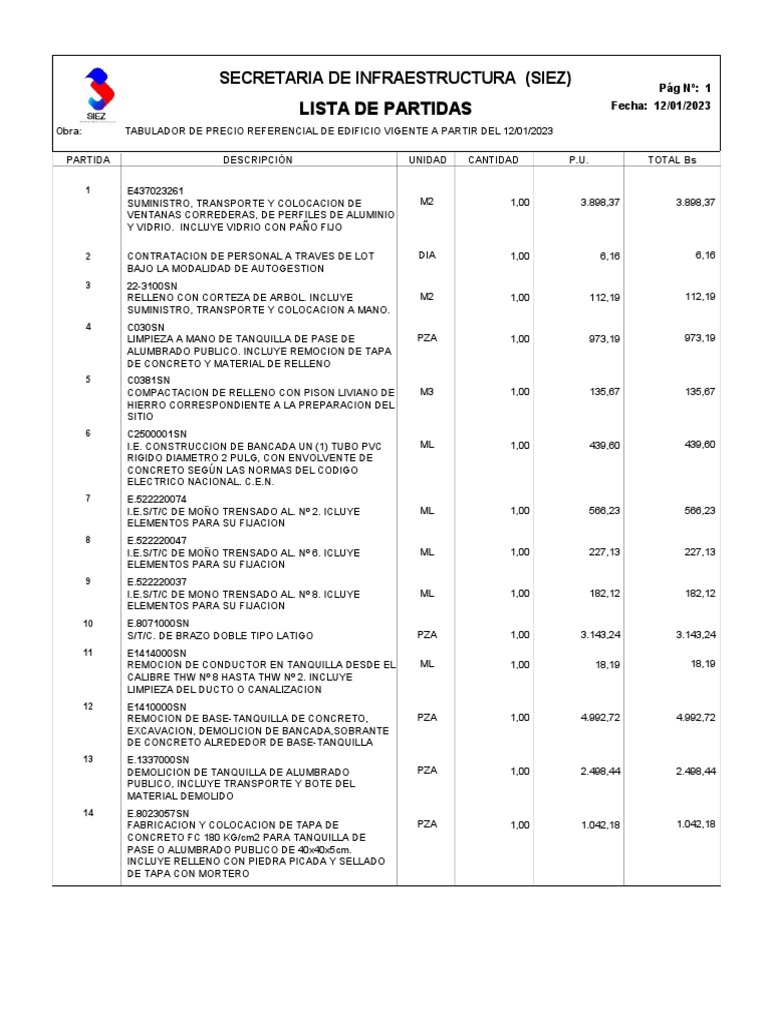 Lista de Partidas de Edificacion | PDF | Hormigón | Ingeniero civil