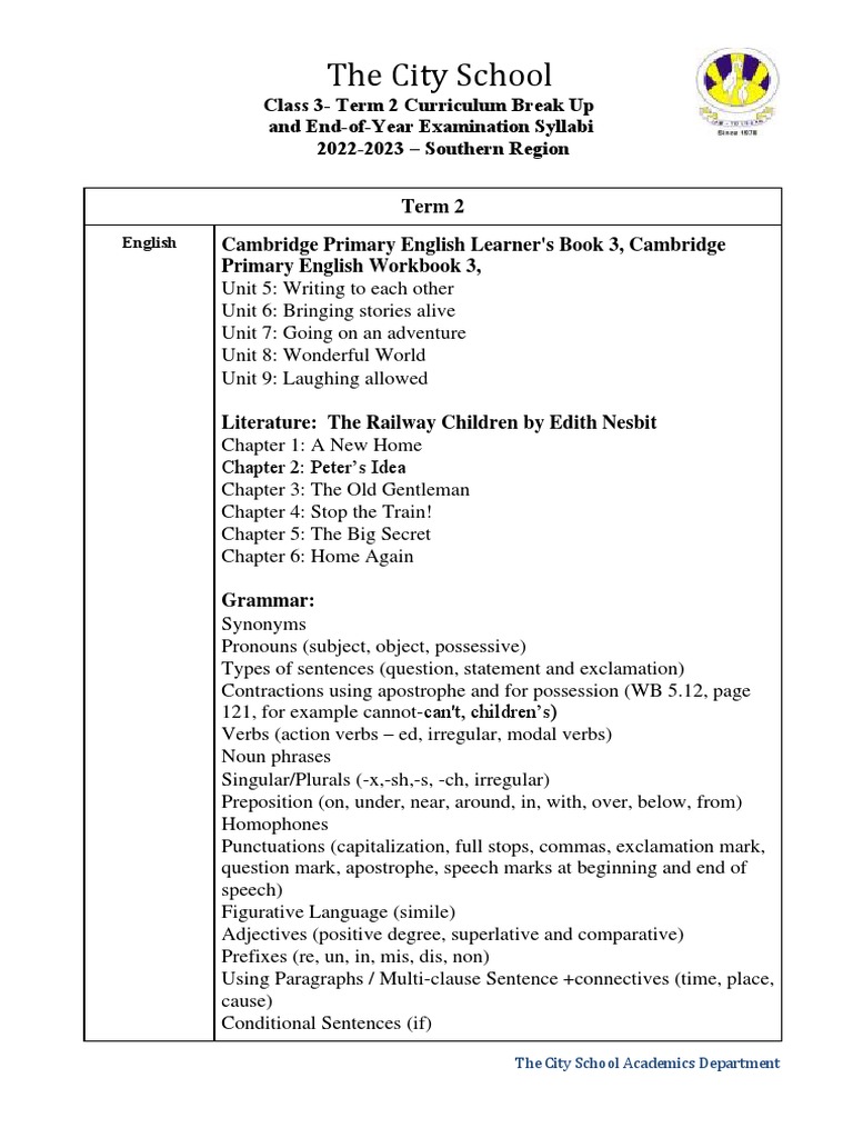 Class 3 Term 2 Curriculum Break Up and EoY Syllabi SR - 3 | PDF | Verb ...