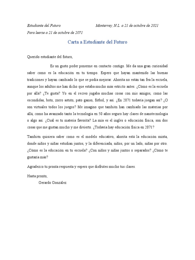 Carta a mi yo del futuro escolar | PDF