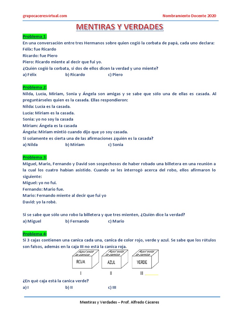 Problemas de Lógica y Mentiras 2020 | PDF | Verdad