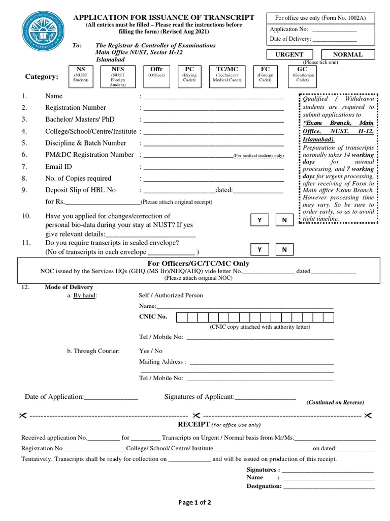 Transcript Applicaton Form NUST | Download Free PDF | Service Industries