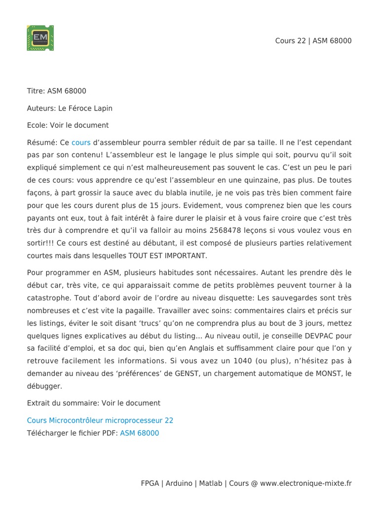 Cours 22 - ASM 68000 | PDF | Évolution de carrière | Arts du langage et discipline