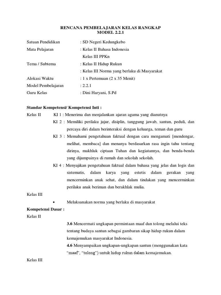 RPP Kelas Rangkap Model 2.2.1 | PDF