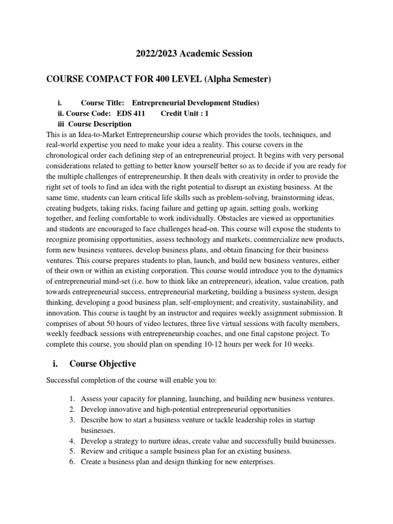 0 EDS411 - Course Compact | PDF | Entrepreneurship | Startup Company