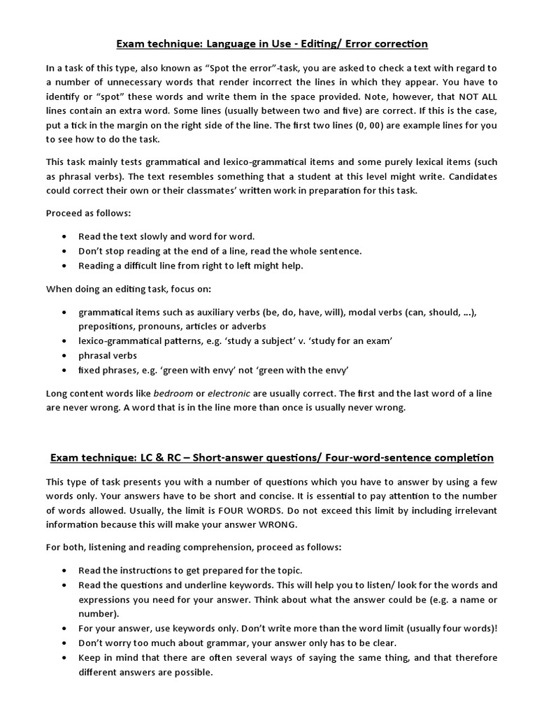 Exam Technique - Editing & Short-Answer Questions (LC & RC) | PDF ...