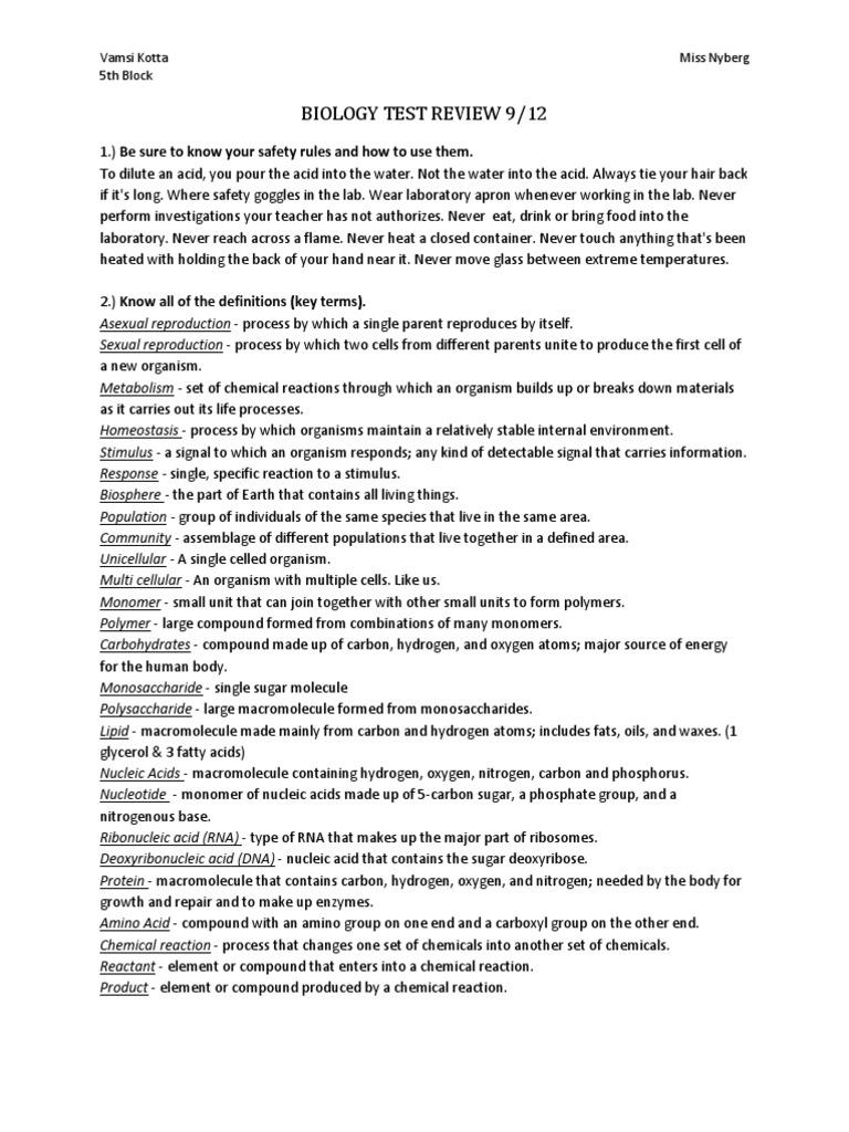 Biology Test Review: Key Concepts & Terms | PDF | Nucleic Acids | Enzyme