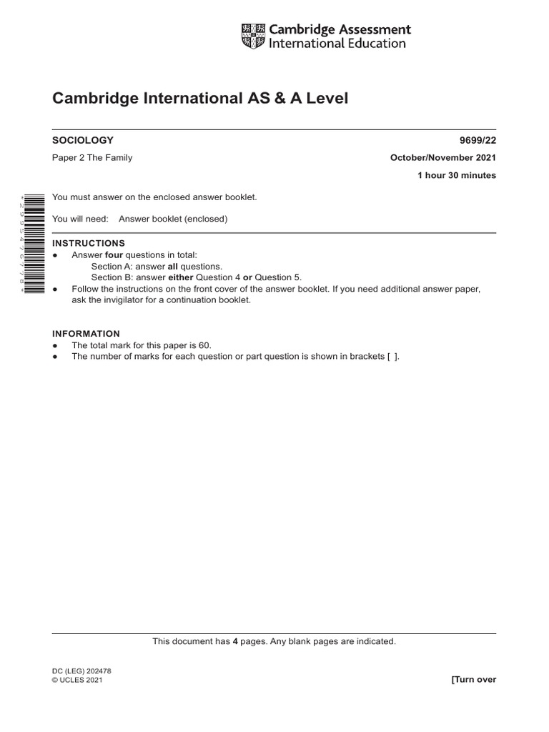 Cambridge International AS & A Level: SOCIOLOGY 9699/22 | PDF
