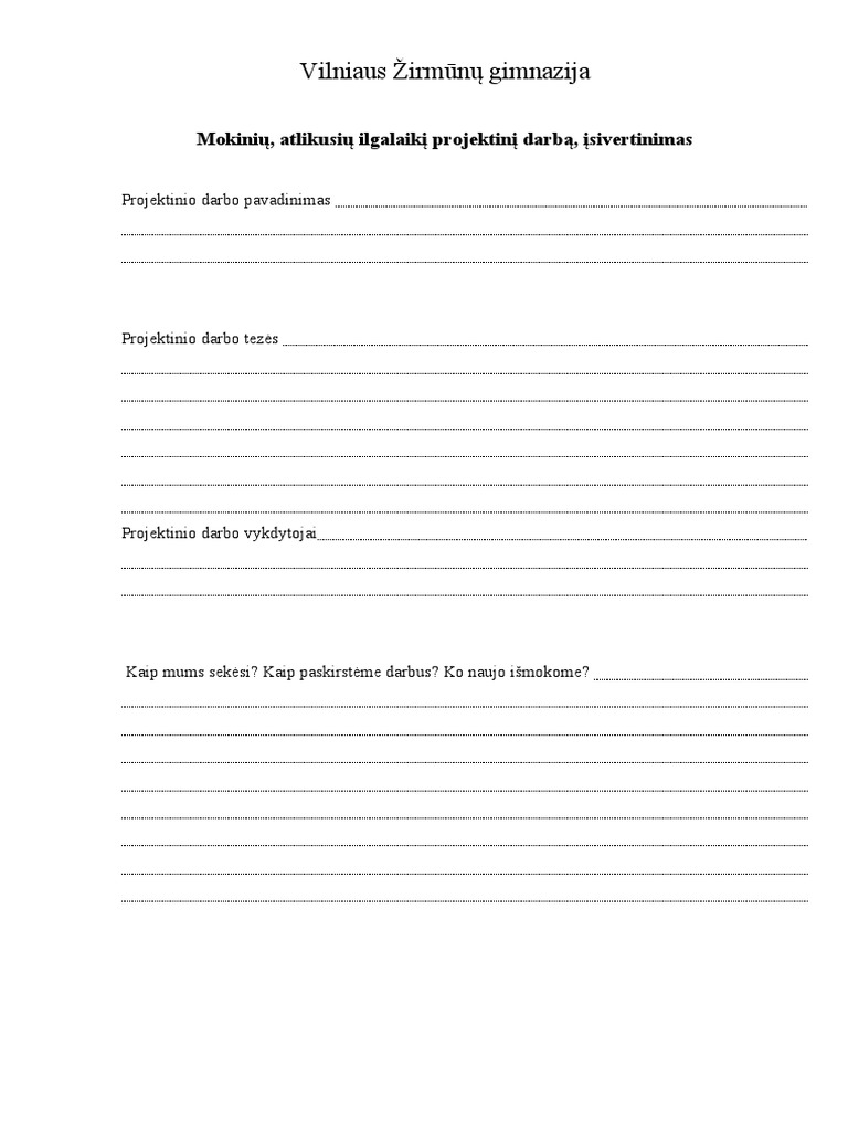 Mokiniu Projektines Veiklos Isivertinimas | PDF
