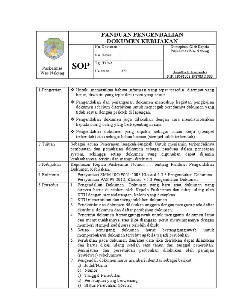 Sop Pengendalian Dokumen Kebijakan | PDF