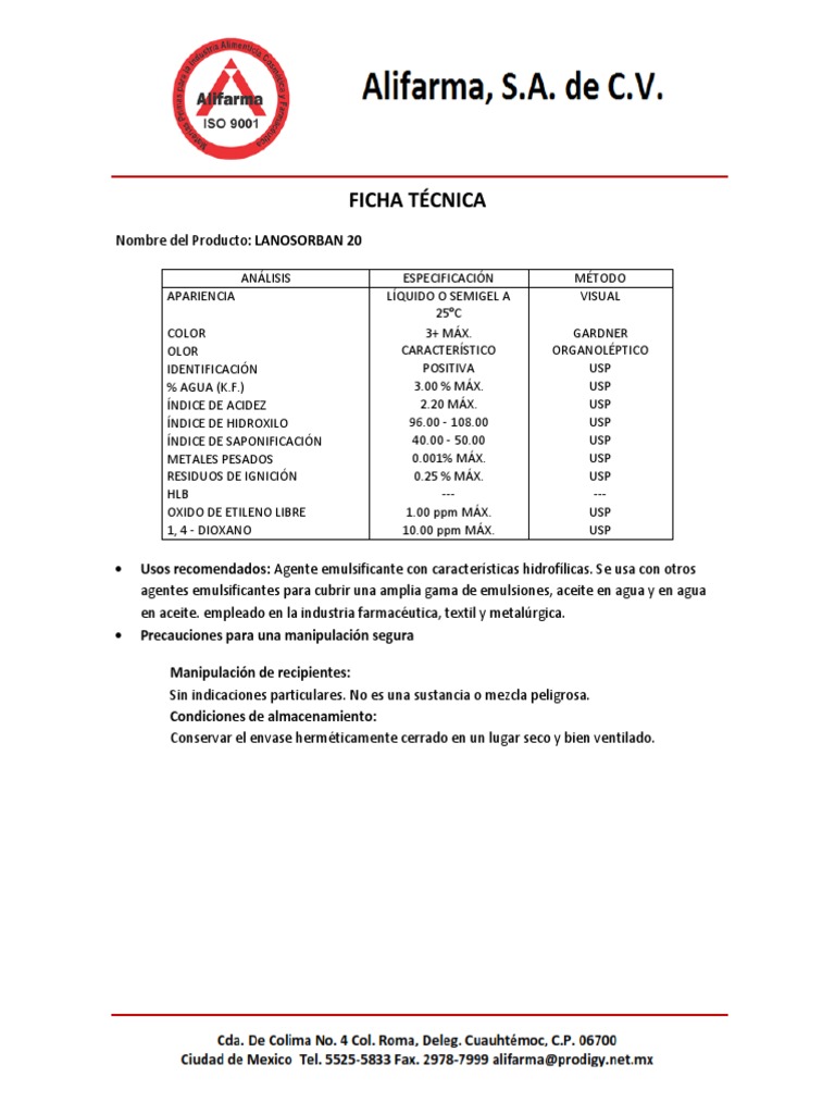 Ficha Técnica Alifarma Tween 20 | PDF