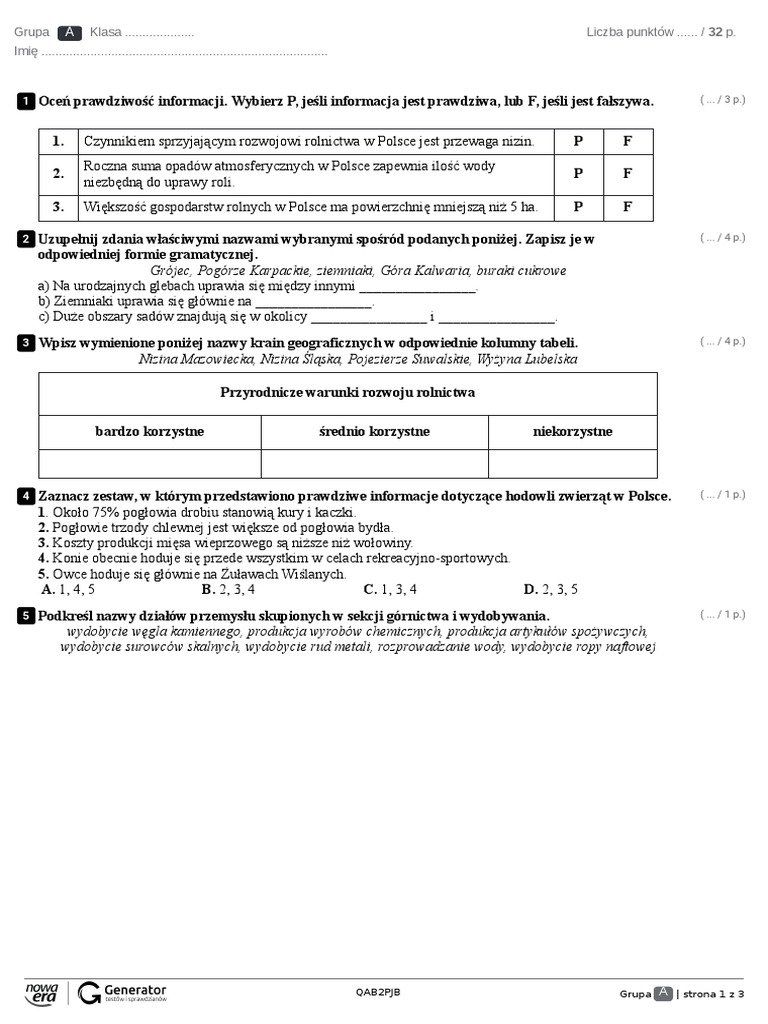 Test Rozdzia 3. Rolnictwo I Przemys Polski Test Z Widoczna Punktacja | PDF