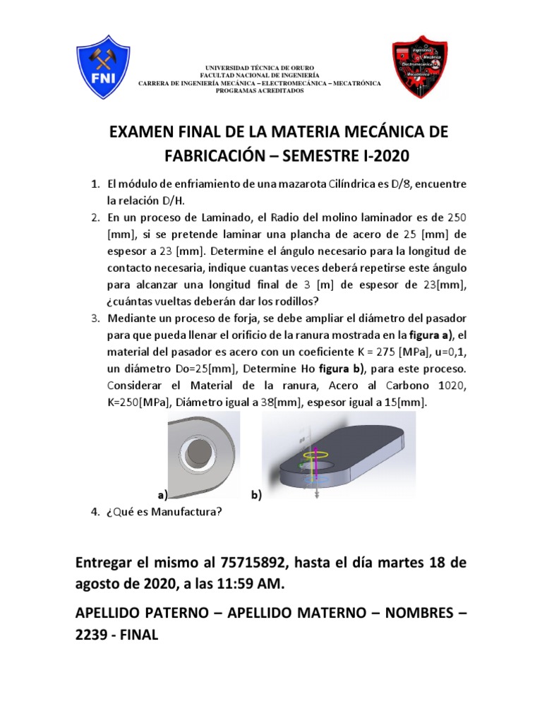 Examen Final de La Materia de Mecanica de Fabricación | PDF Examen Final de La Materia de Mecanica de Fabricación | PDF