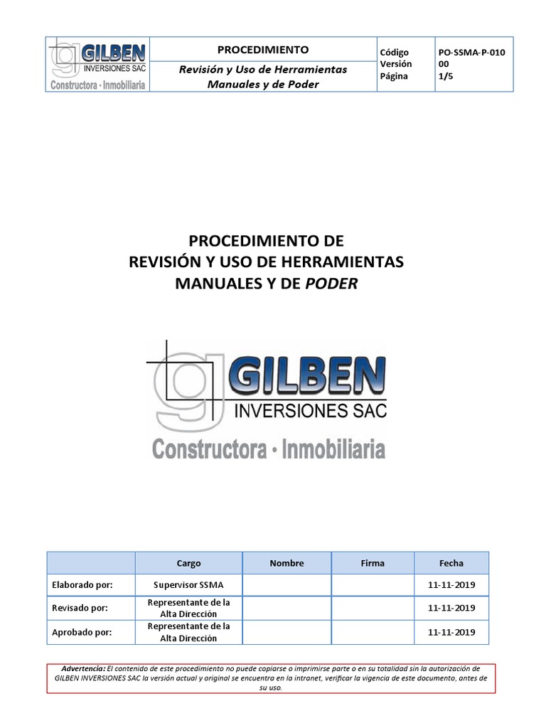 PO-SSMA-P-010 Procedimiento de Revisión y Uso de Herramientas Manuales ...