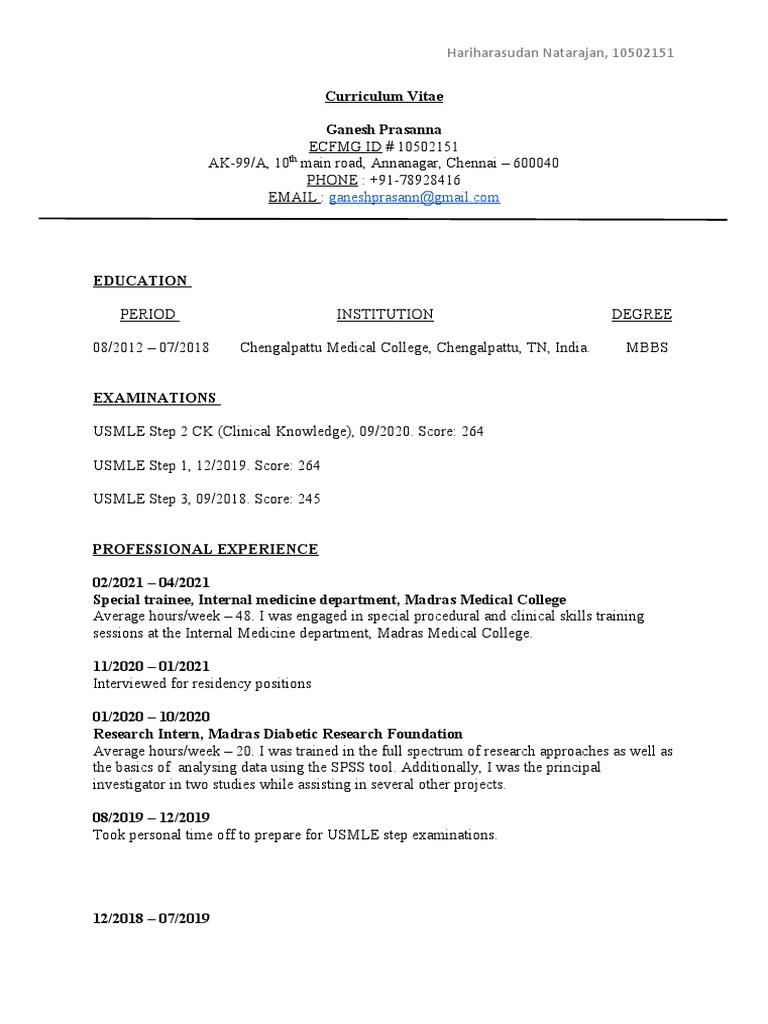 Curriculum Vitae for ECFMG | PDF | United States Medical Licensing ...