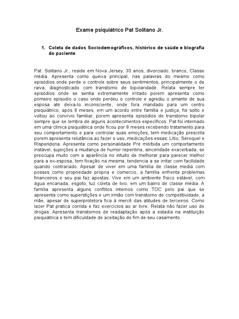 Exame Psiquiátrico Pat Solitano Jr | PDF | Pensamento | Psiquiatria