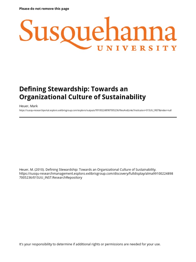 Defining Stewardship - Towards An Organizational Culture of Sustai | PDF