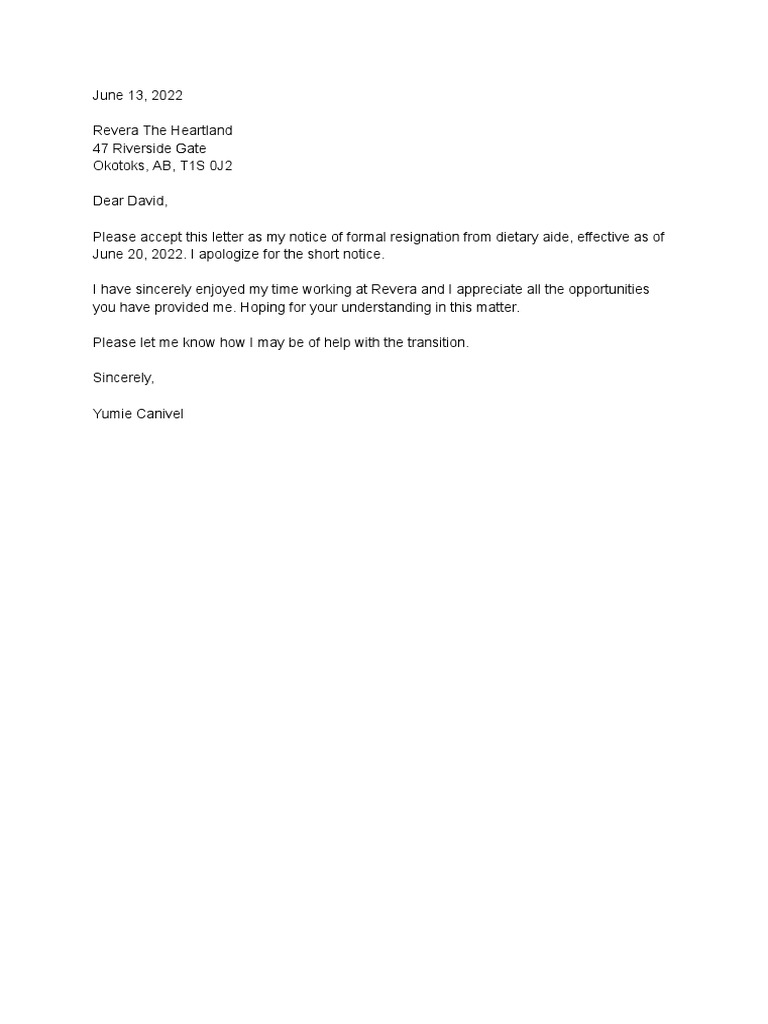 Resignation Letter from Yumie Canivel | PDF | Finance & Money ...