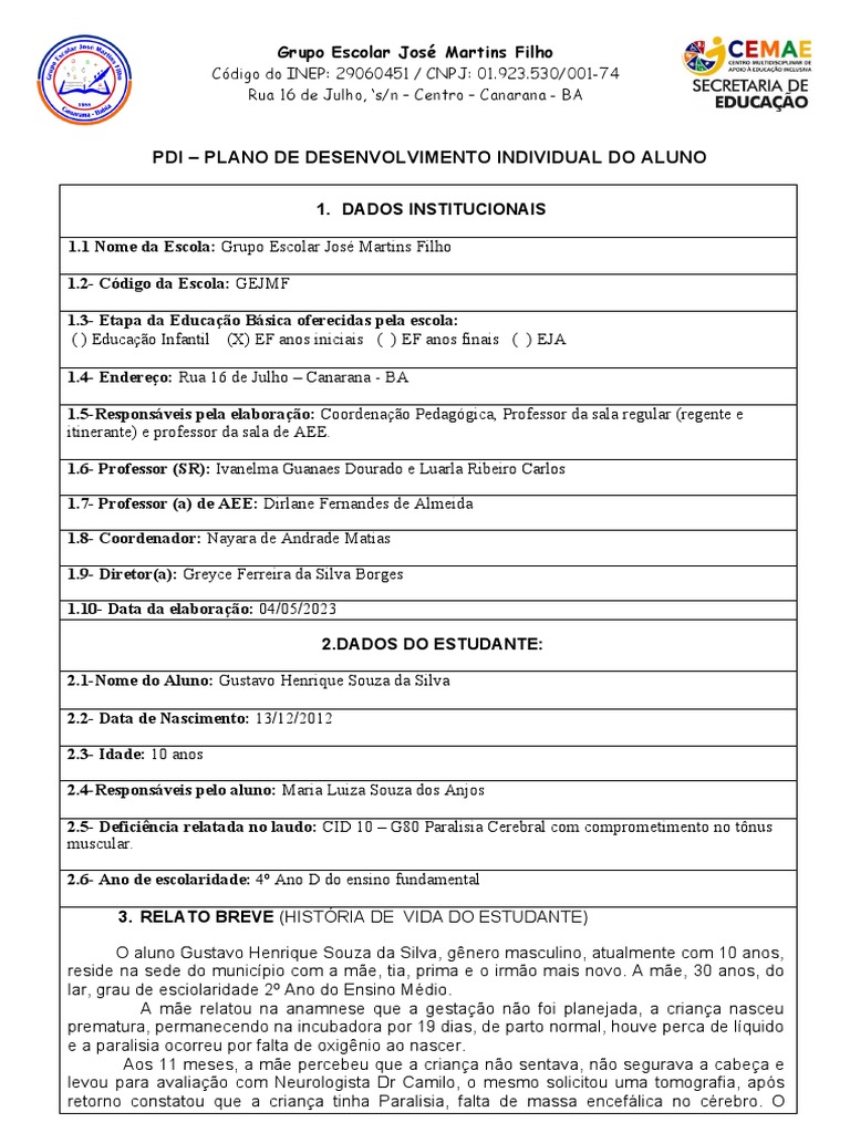 Pdi - Gustavo Henrique - Ok | PDF | Pedagogia | Educação Especial