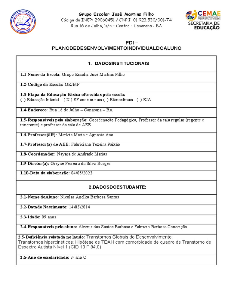 Pdi - Nicolas - Ok | PDF | Alfabetização | Pedagogia