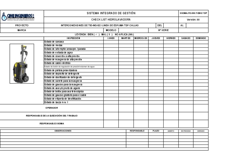 SSOMA - fo.030.TIENS - TDP Check List Hidrolavadora | PDF SSOMA - fo.030.TIENS - TDP Check List Hidrolavadora | PDF