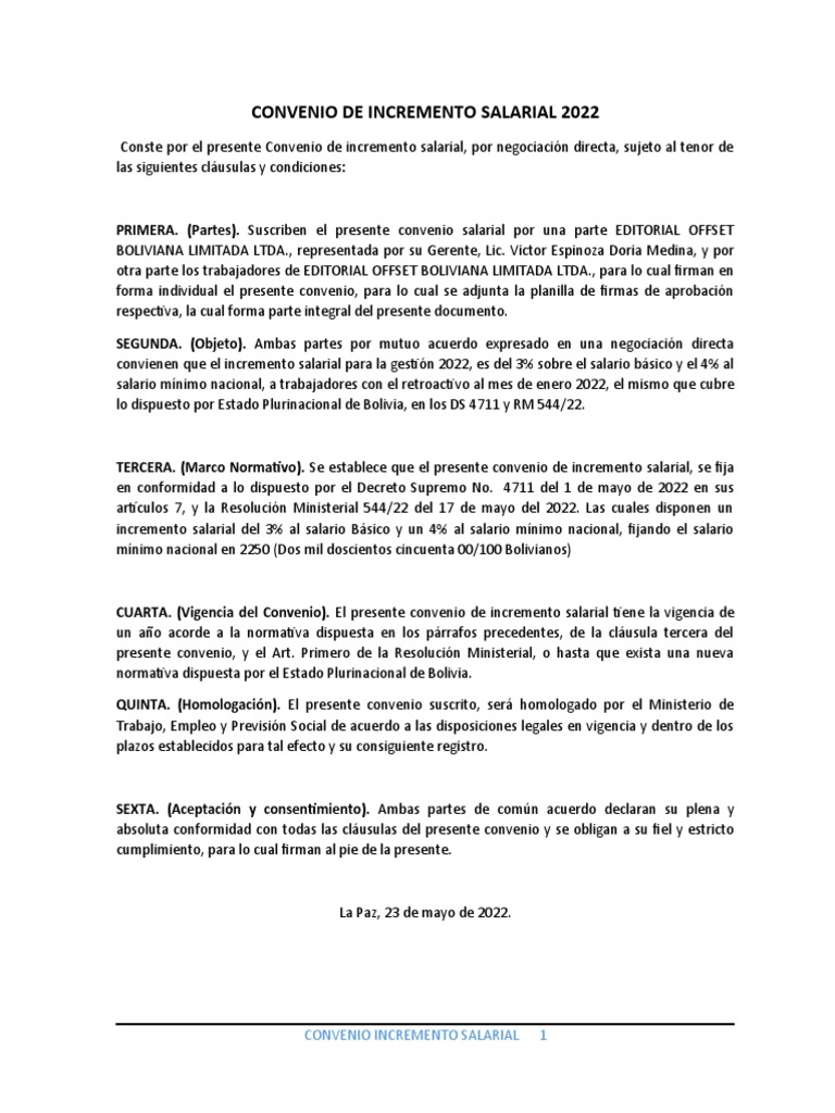 CONVENIO DE INCREMENTO SALARIAL 2020 - Ejemplo | PDF | Salario