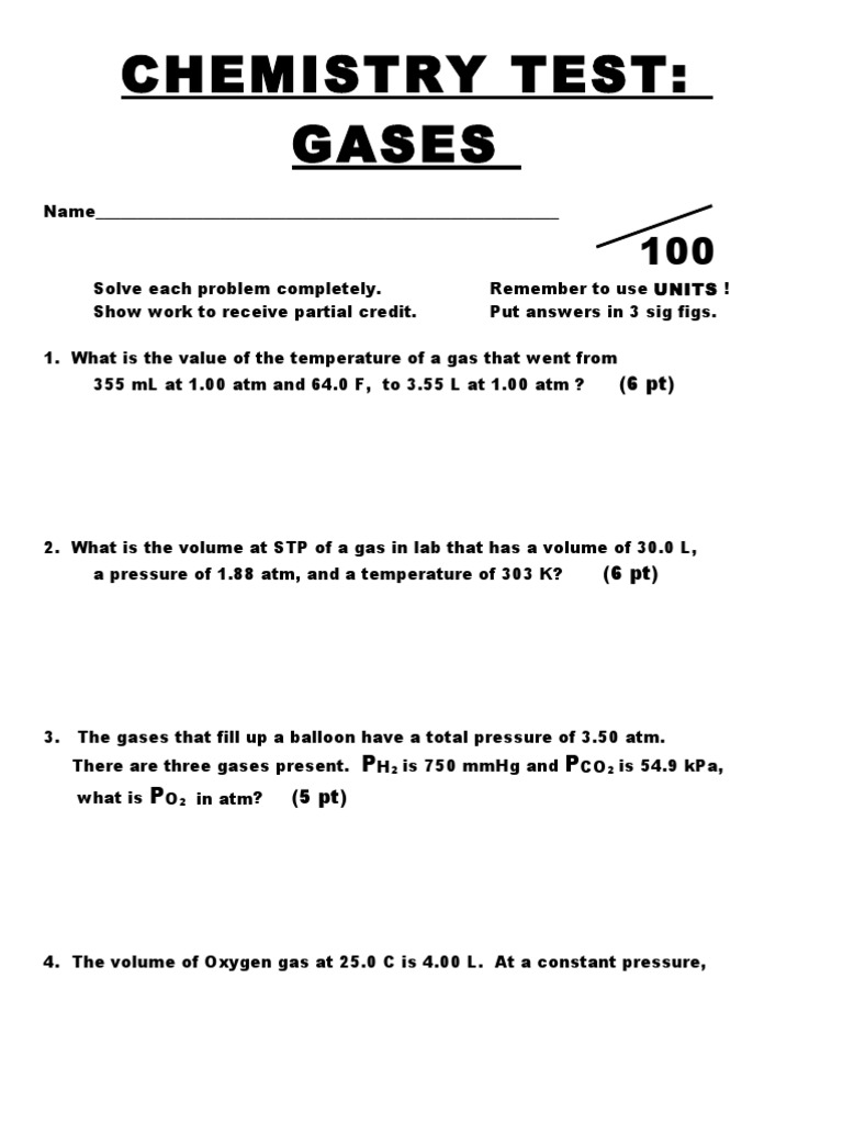 Chemistry Test: Gases | PDF
