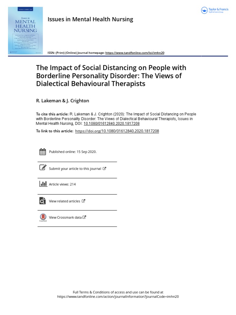 The Impact of Social Distancing On People With Borderline Personality Disorder: The Views of ...