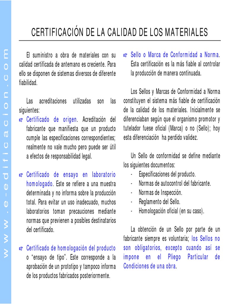 Certificacion Calidad de Materiales Articulo | PDF | Calidad (comercial)