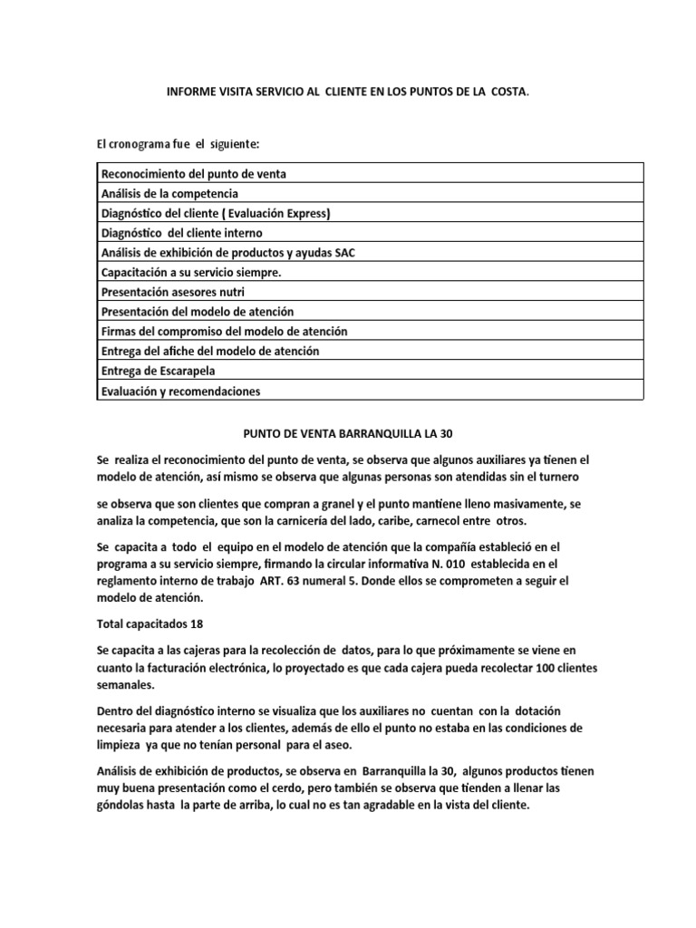 Informe Visita Servicio Al Cliente en Los Puntos de La Costa | PDF ...