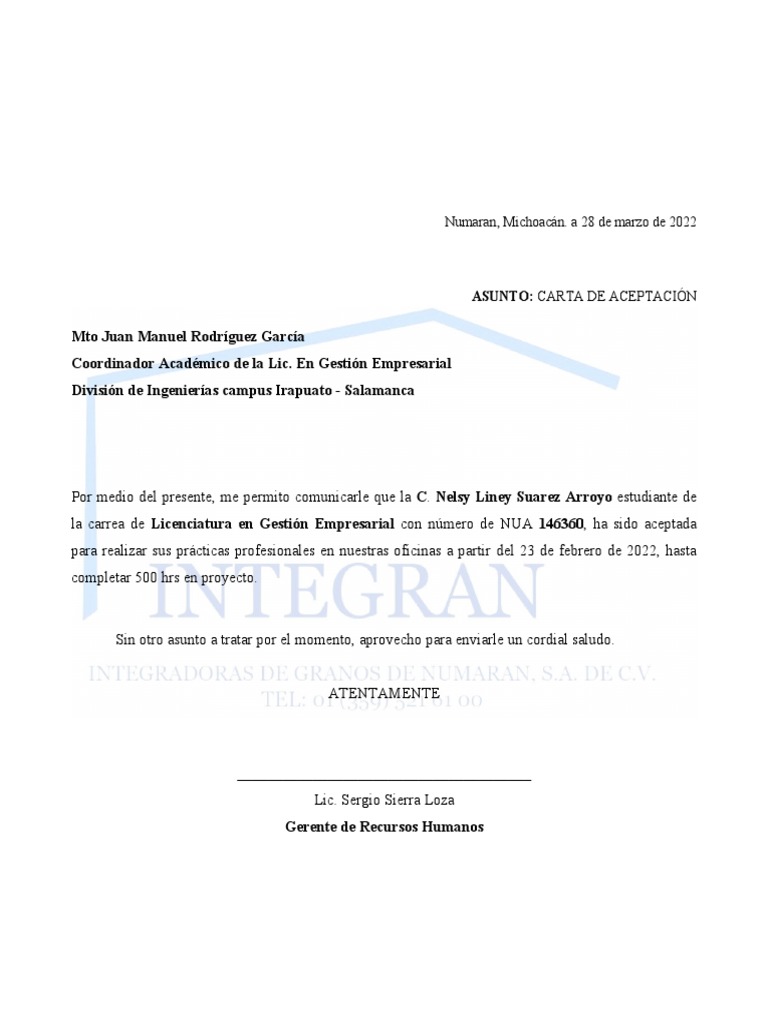 Carta Aceptacion Servicio | PDF