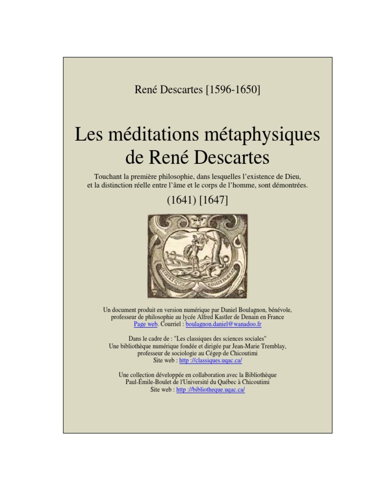 Les Méditations Métaphysiques - René Descartes | PDF | René Descartes ...