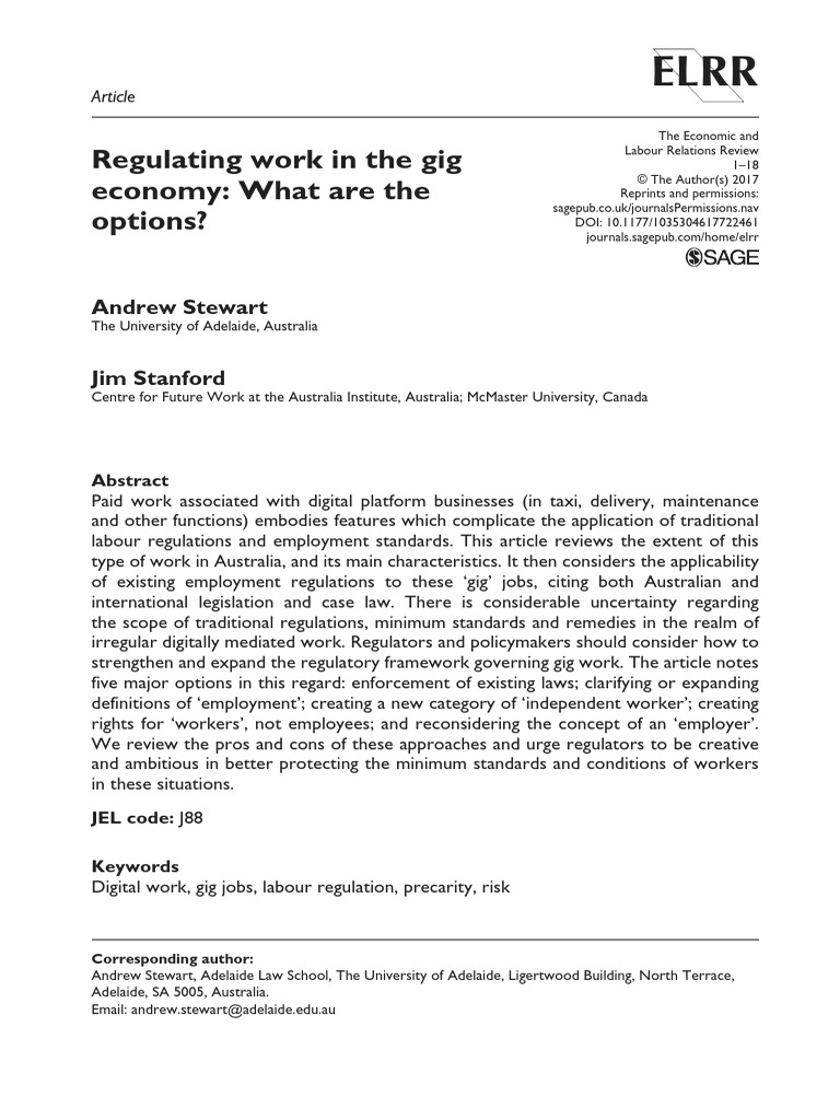Regulating Work in The Gig Economy: What Are The Options?: Andrew Stewart | PDF | Employment ...