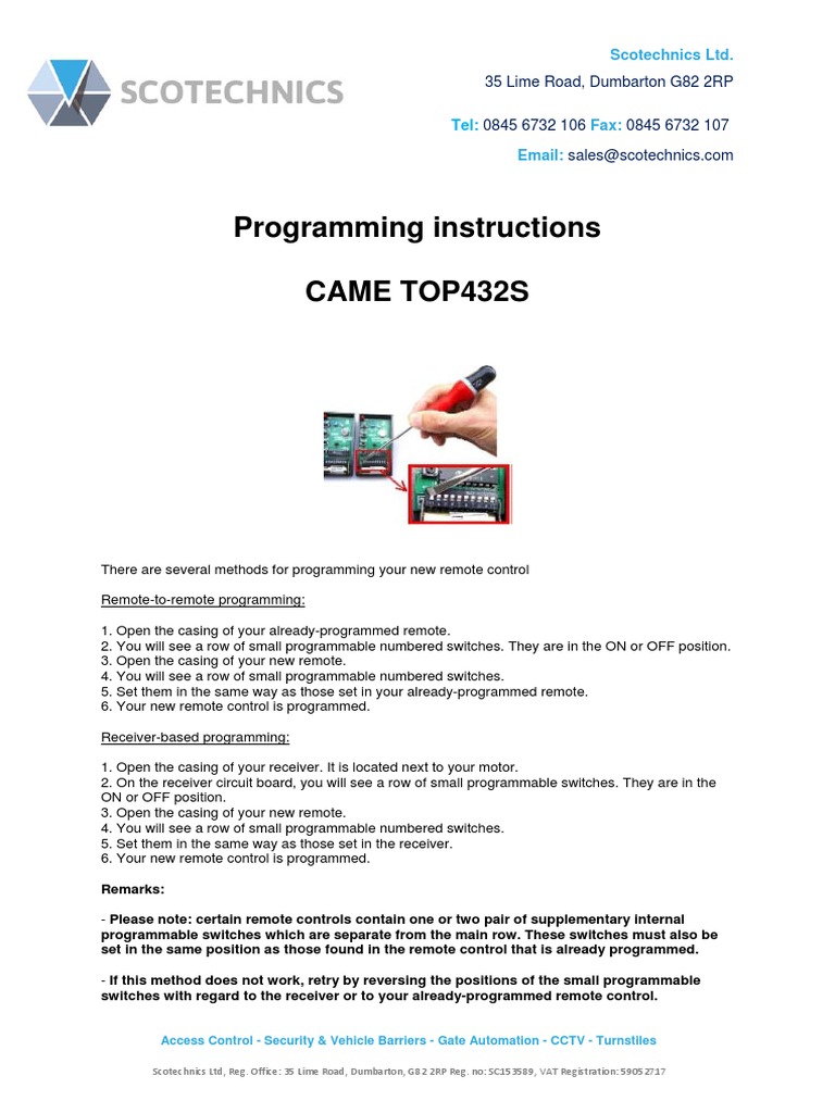 CAME TOP432S Remote Programming Guide | PDF
