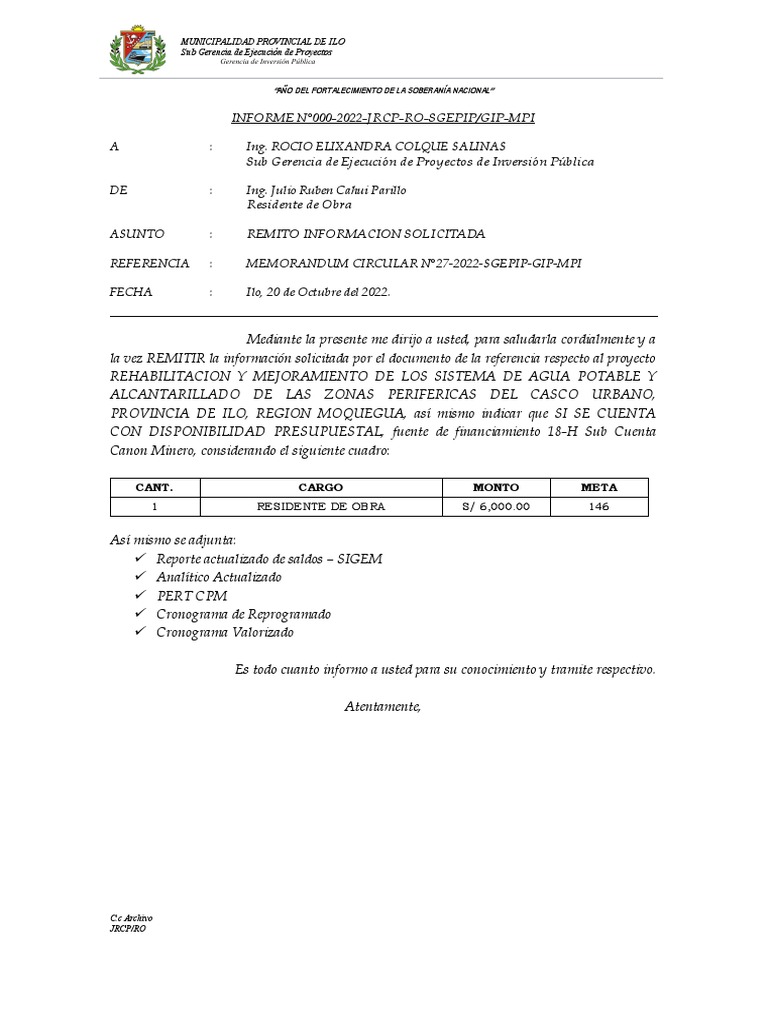 Informe N°000 - Remito Informacion Solicitada | PDF