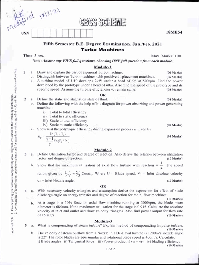 VTU Exam Question Paper With Solution of 18ME54 TURBOMACHINES Feb-2021 ...