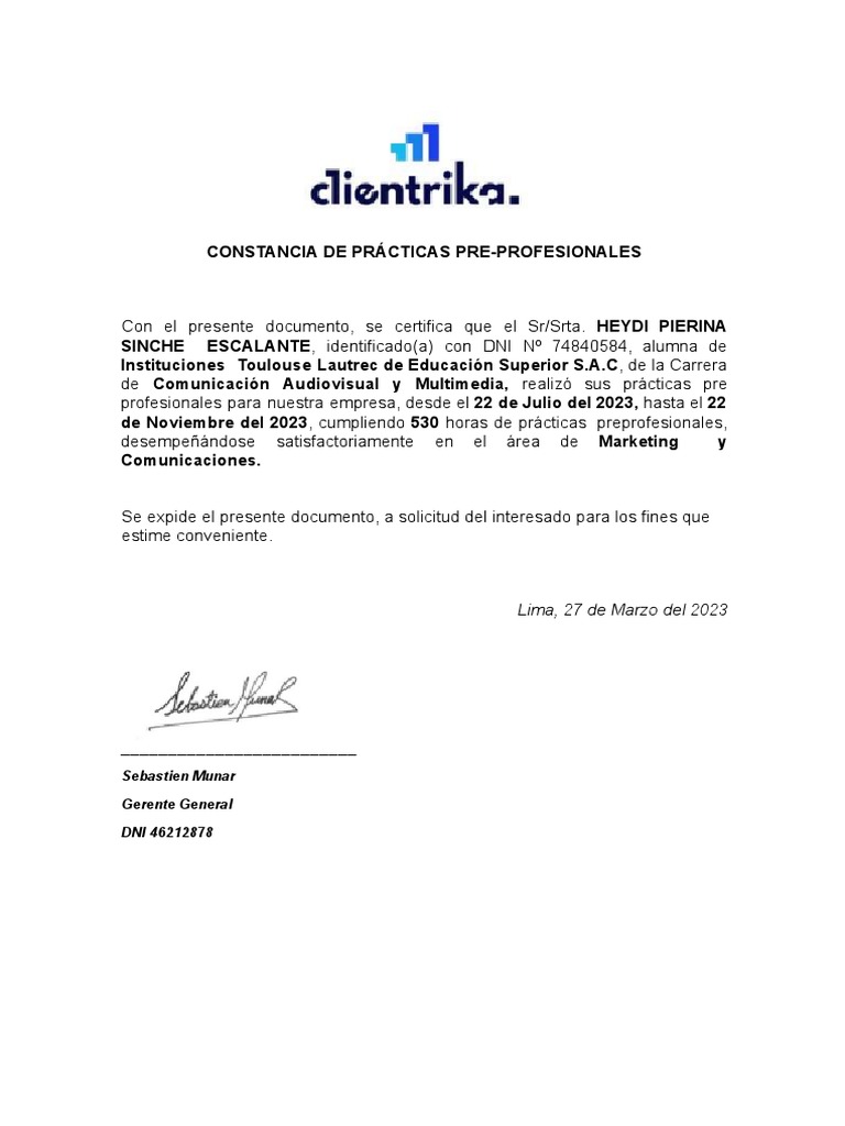 Constancia de Prácticas Pre Profesionales | PDF