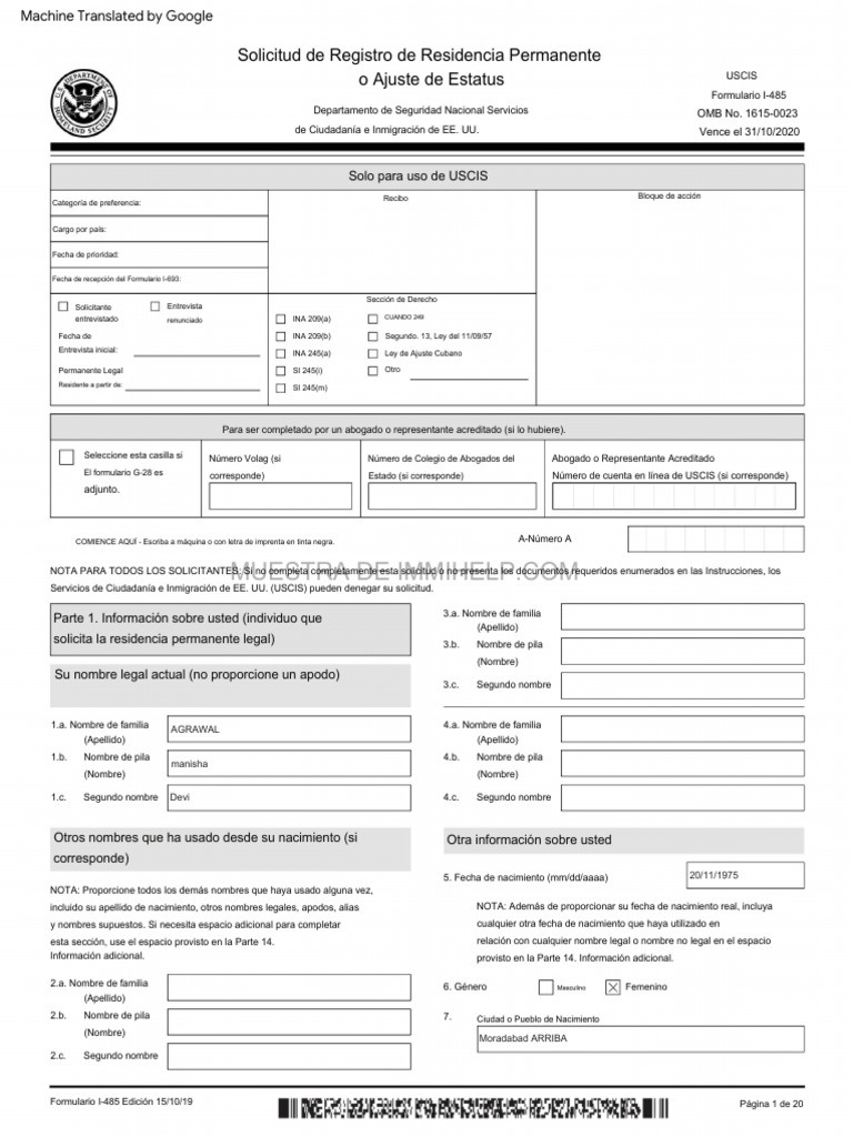 i-485-EJEMPLO ESPAÑOL | PDF | Visa de viaje | Los Estados Unidos