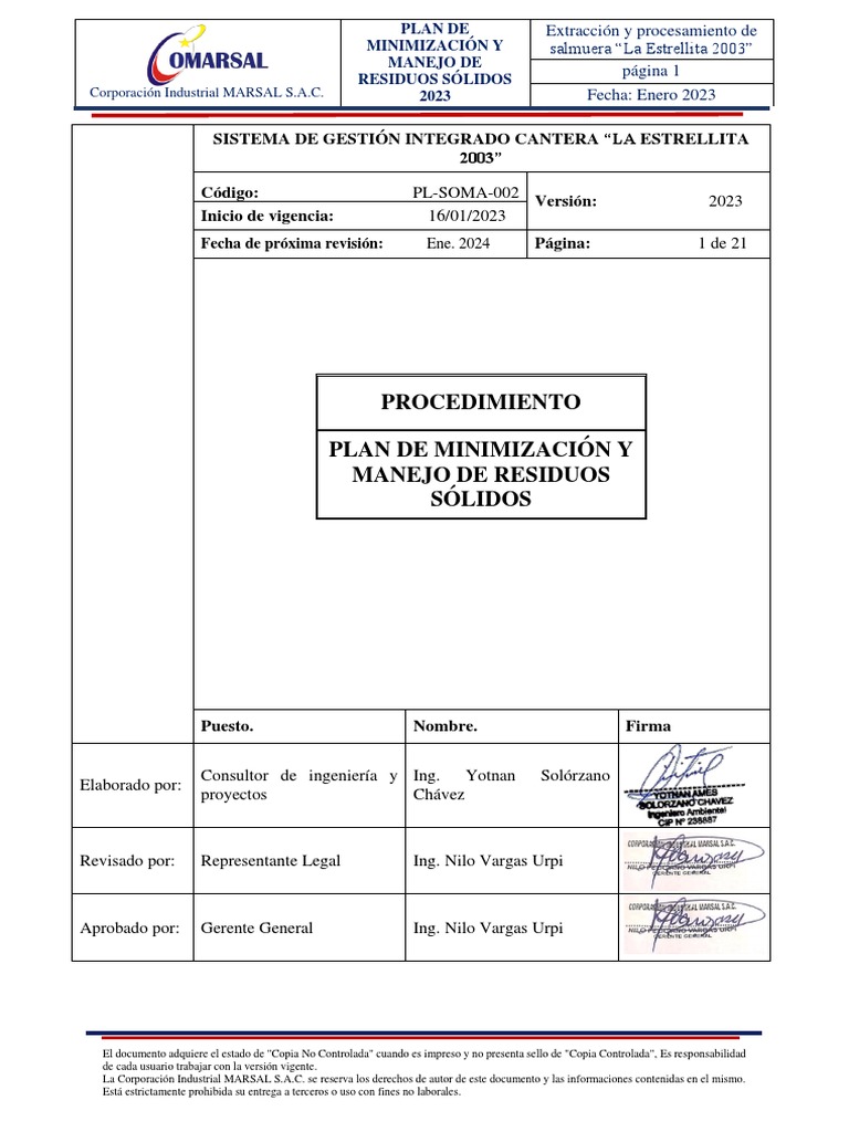 Plan de Minimización y Manejo de Residuos Sólidos 2023 | PDF | Residuos | El plastico