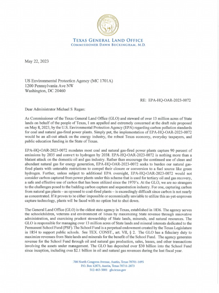 Texas GLO Letter To EPA Regarding Proposed Rule Change | PDF