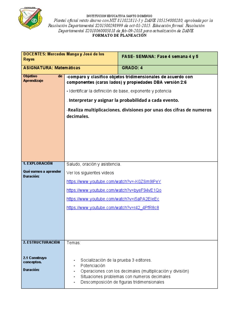 FORMATO MATEMATICAS 2 GRADO 4 FASE 4 SEMANA 4 y 6 Re... | PDF | Cognición FORMATO MATEMATICAS 2 GRADO 4 FASE 4 SEMANA 4 y 6 Re... | PDF | Cognición