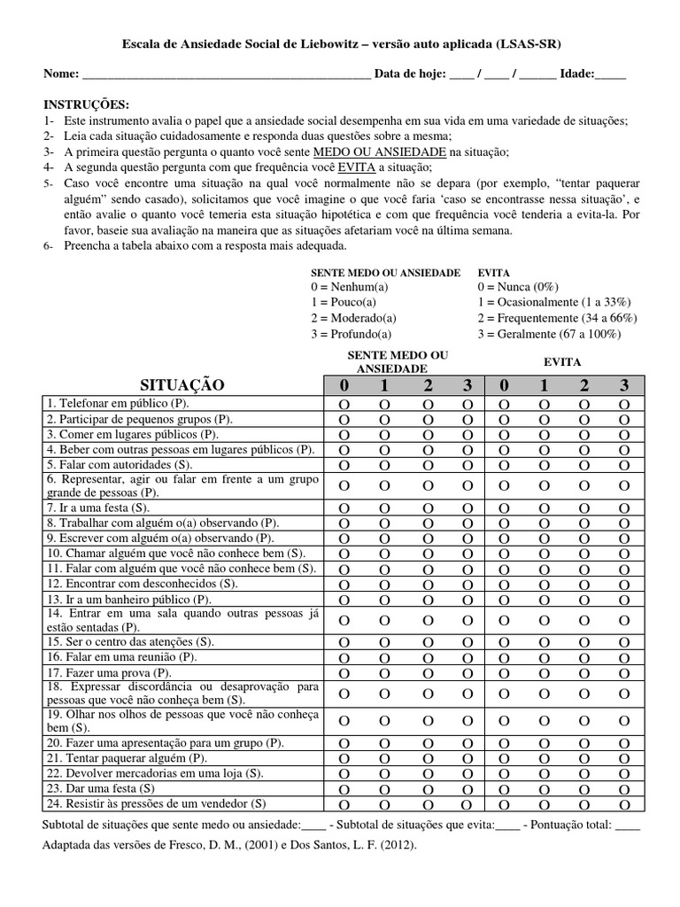 LSAS - SR - Escala de Ansiedade Social de Liebowitz Auto Aplicada | PDF