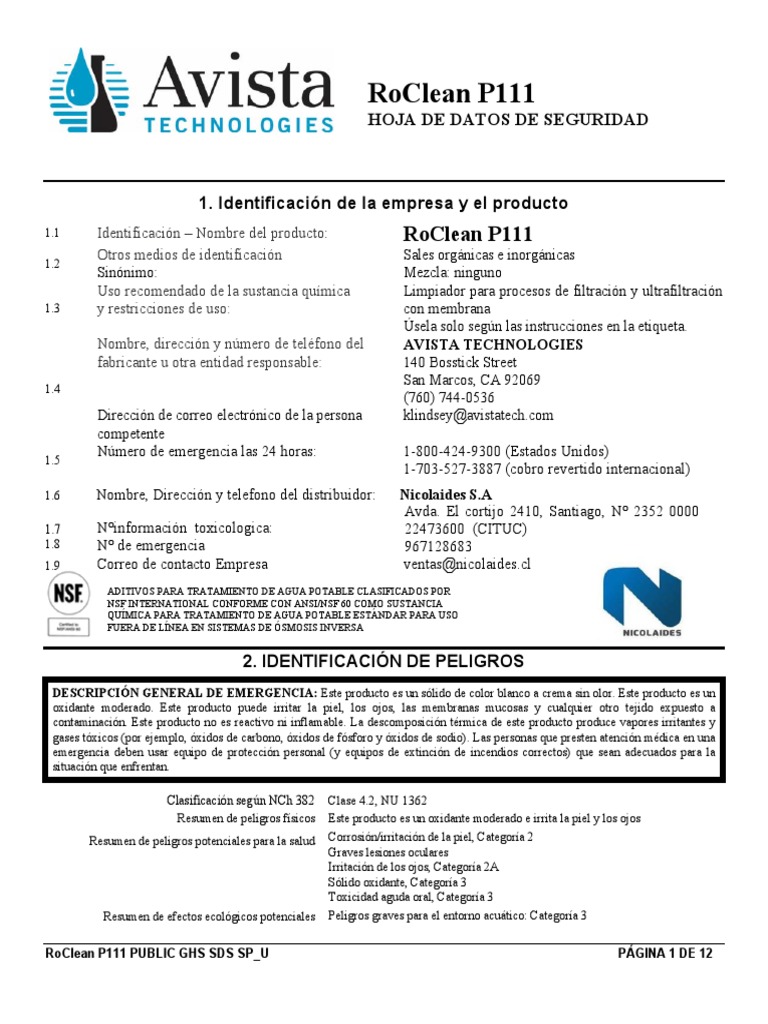 RoClean P111 Spanish MSDS | PDF | Agua | Materiales