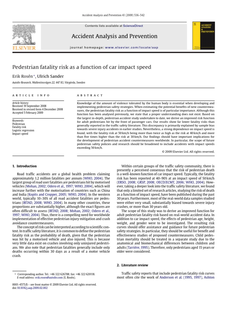 Pedestrian Fatality Risk As A Function of Car Impact Speed | PDF ...
