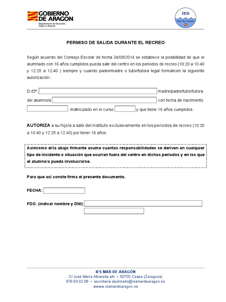 Permiso Salida Recreo | PDF